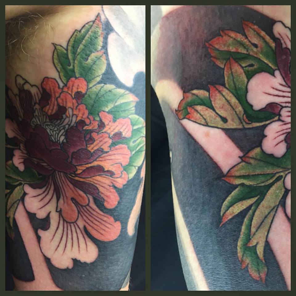 Work in progress – Peony tattoo – Clare Keton Tattoo Artist